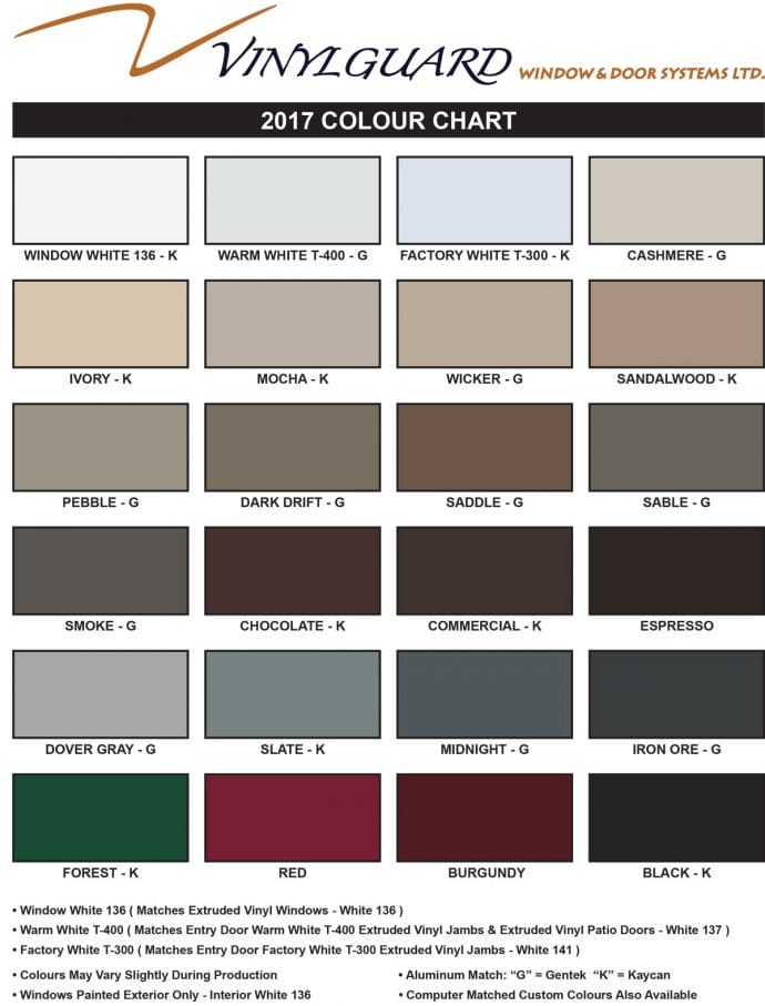 Toronto Patio Doors Colour Chart